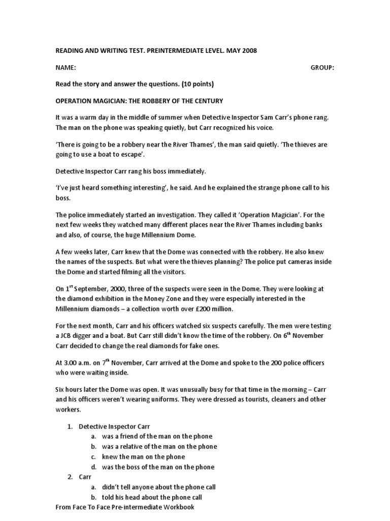 Pre-Intermediate Reading Test: Robbery Story | PDF | Police | Violence