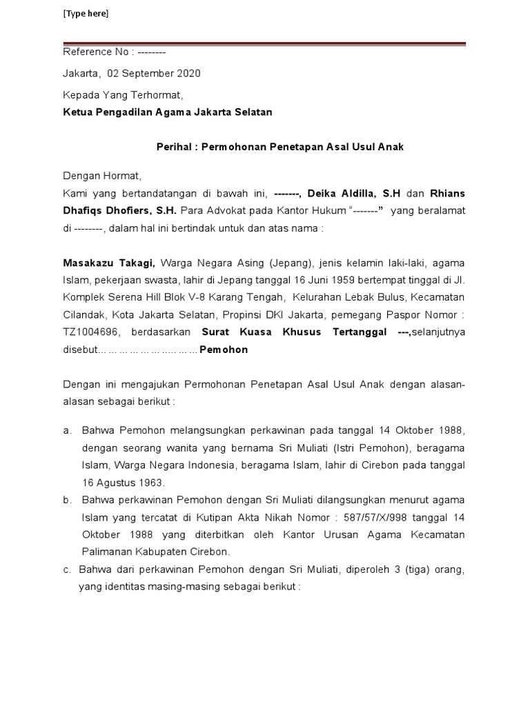 Draft Permohonan Penetapan Asal Usul Anak | PDF