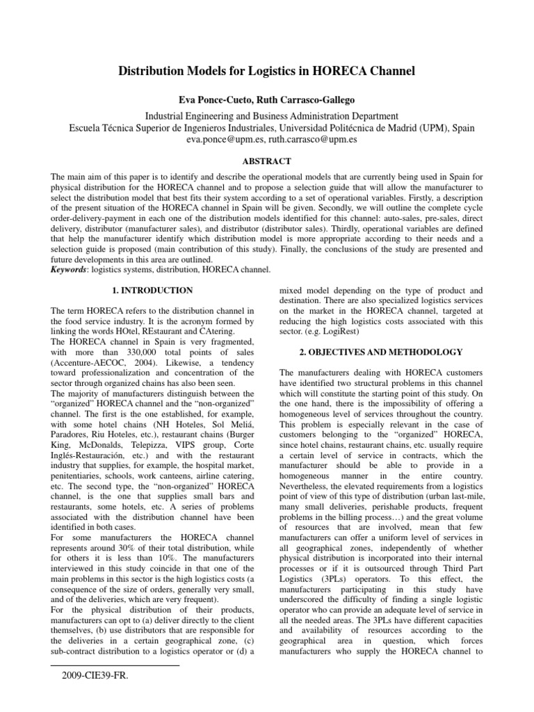 Distribution Models For Logistics in HORECA Channel | PDF | Logistics ...