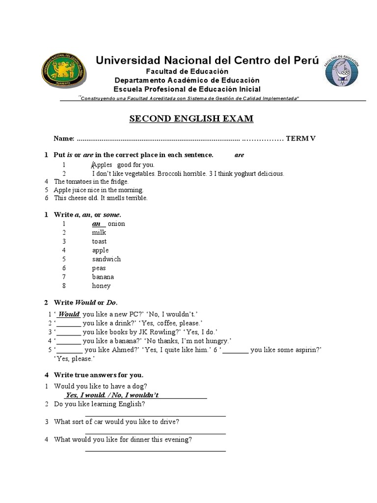 Instructions for Completing a Second English Exam for Universidad ...