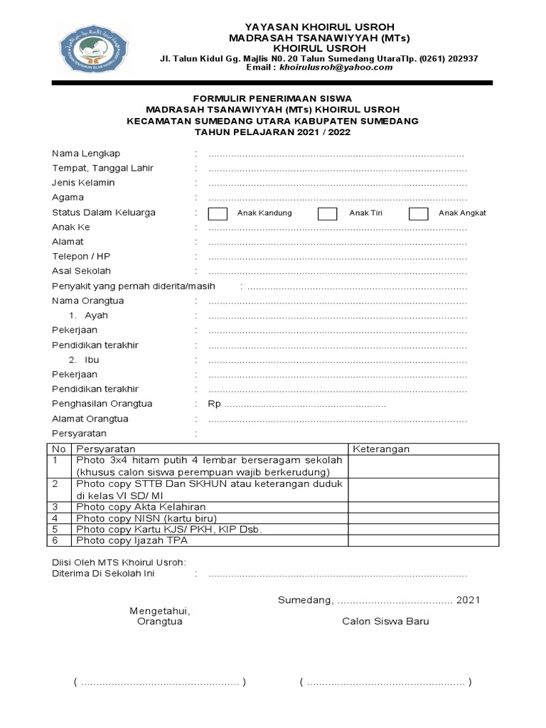 Formulir Pendaftaran MTs 2021 | PDF