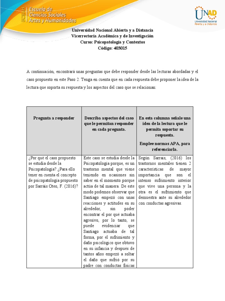 Anexo 1 - Matriz Estudio de Caso - Paso 2 | PDF | Psicopatología | Trastorno mental