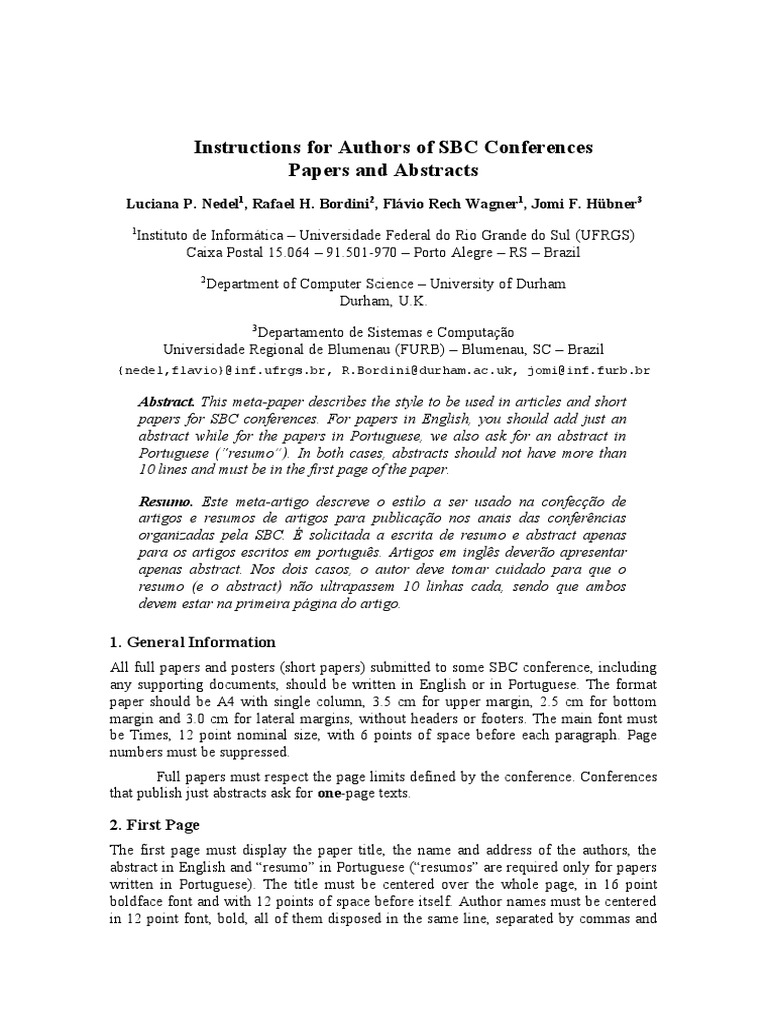 Instructions For Authors of SBC Conferences Papers and Abstracts | PDF ...