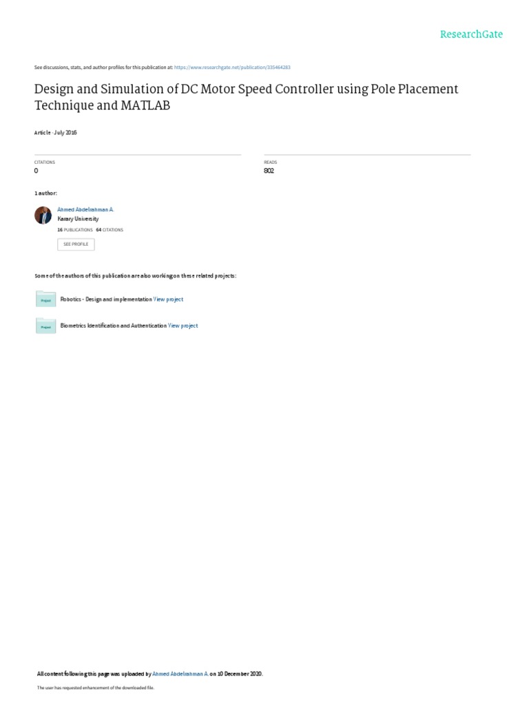Design and Simulation of DC Motor Speed Controller Using Pole Placement Technique and MATLAB ...
