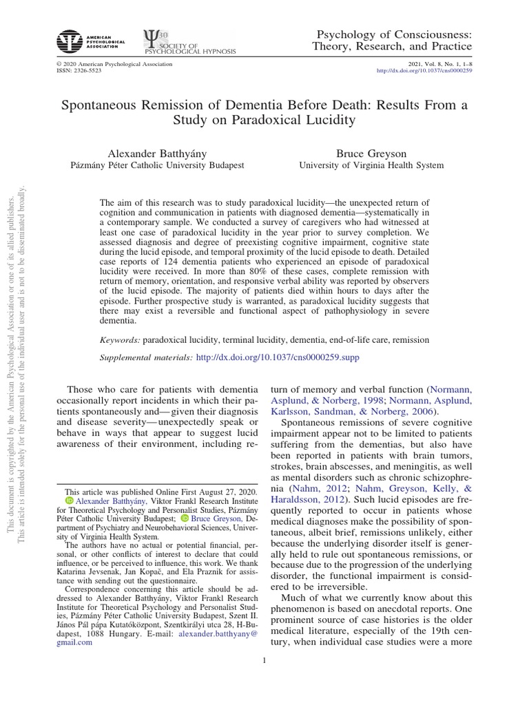 Spontaneous Remission of Dementia Before Death: Results From A Study On ...