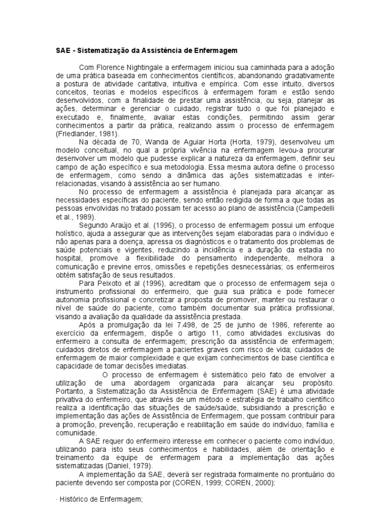 SAE - Sistematização Da Assistência de Enfermagem | PDF | Enfermagem ...