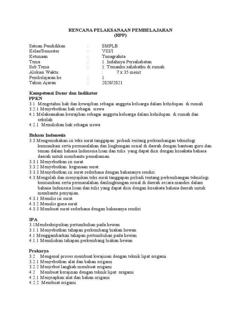 RPP Tunagrahita Kelas 8 Tema 1 Subtema 1 | PDF