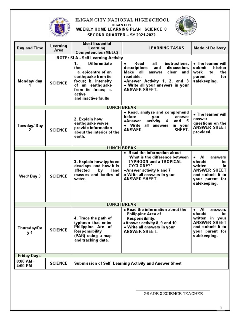 G8 SCIENCE WHLP SLA ANSWER SHEET 2ND QUARTER Edited | PDF | Tropical ...