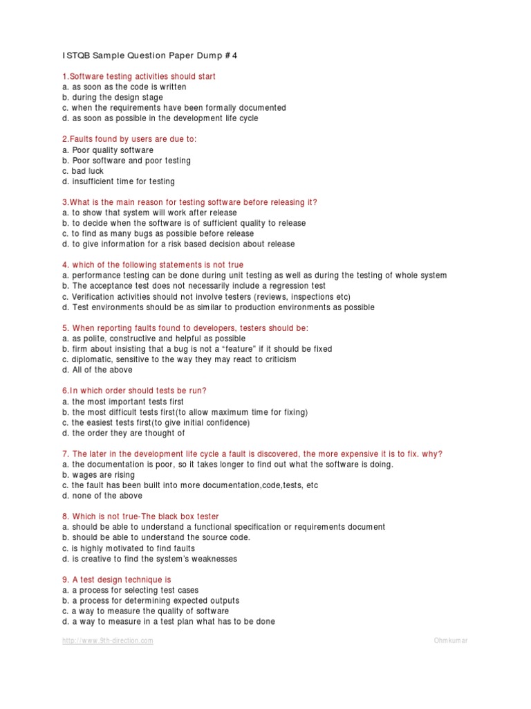 ISTQB Sample Question Paper Dump #4: Ohmkumar | PDF | Software Testing ...