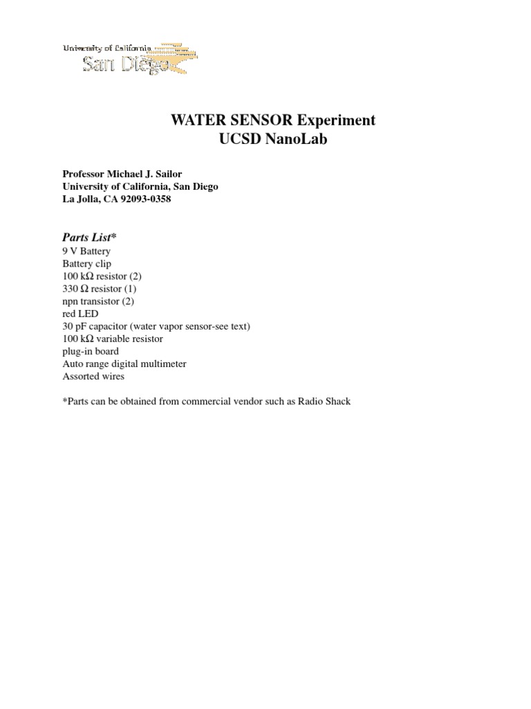 Water Sensor Experiment Ucsd Nanolab: Parts List | PDF | Electrical ...