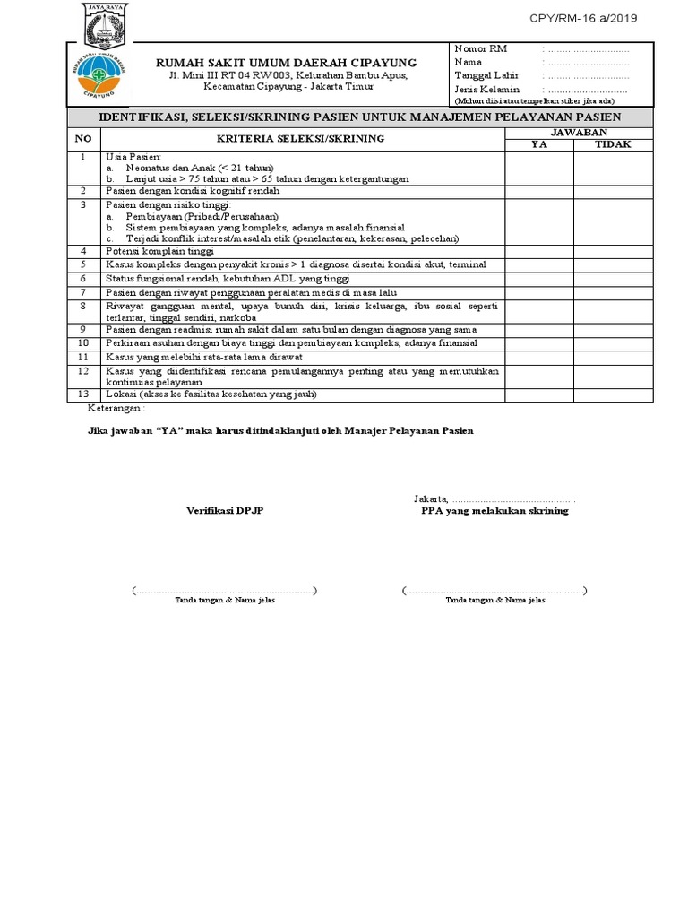 RSUD Cipayung - Form MPP Skrining 14 Mei 2019 | PDF