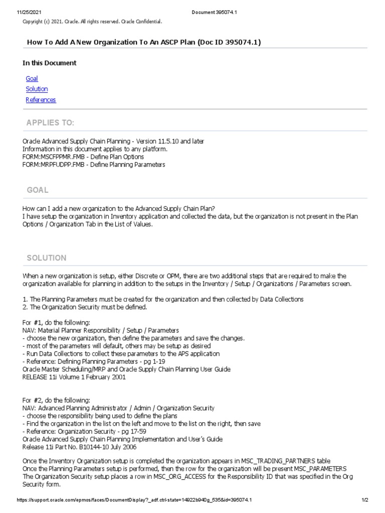 How To Add A New Organization To An ASCP Plan (Doc ID 395074.1) | PDF | Computer Programming ...