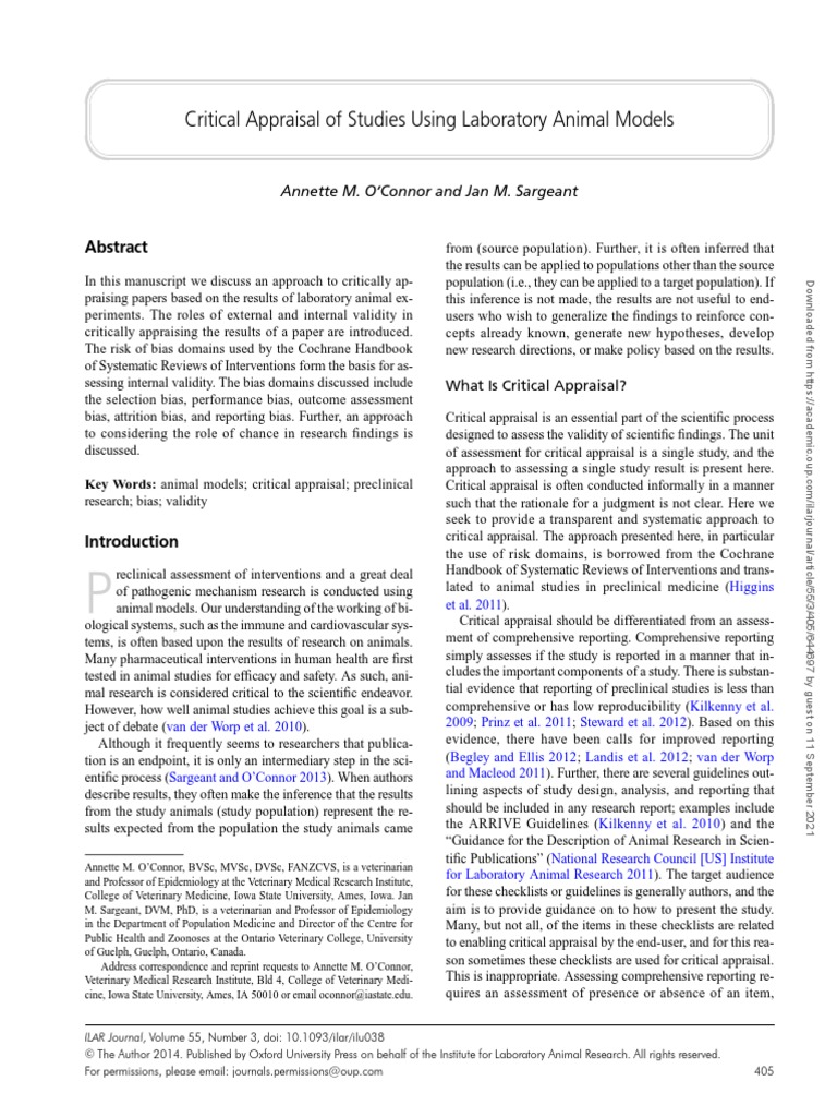 Critical Appraisal of Studies Using Laboratory Animal Models | PDF | P ...