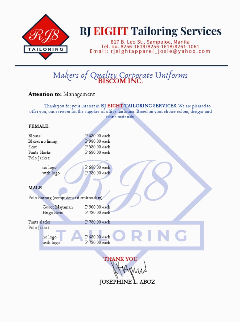 Office Uniform Supply Proposal | PDF | Clothing | Business