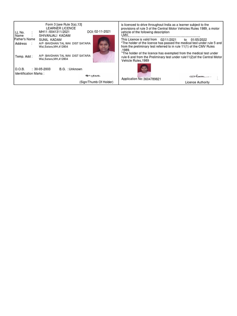 Learner License for Bavdhan, Satara | PDF | Driving | Civil Law (Legal ...