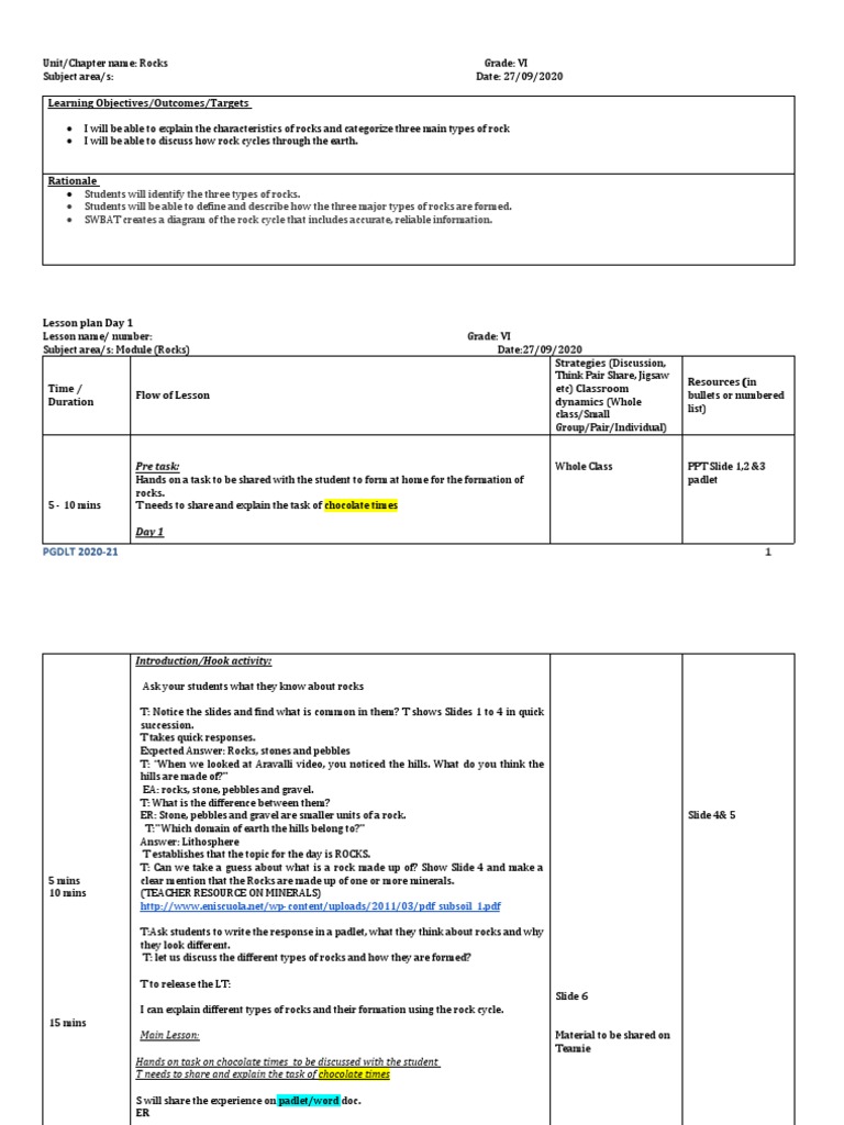 Lesson Plan Rocks | PDF | Rock (Geology) | Sedimentary Rock