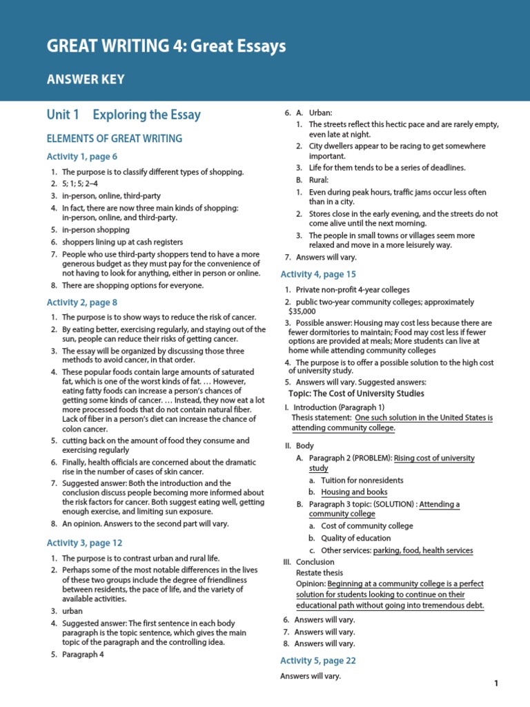 Great Writing 4 (5th Edition) : Great Essays - Answer Key | PDF ...