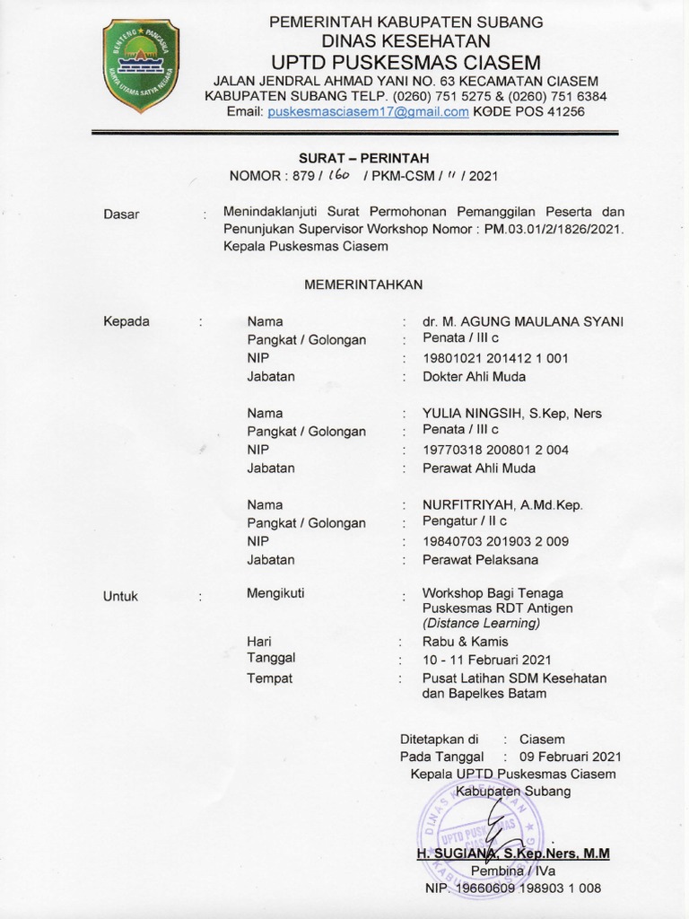 Surat Tugas - Puskesmas Ciasem - Kabupaten Subang | PDF