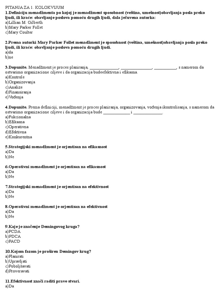 Menadzment Pitanja Za 1 Kolokvijum FON | PDF