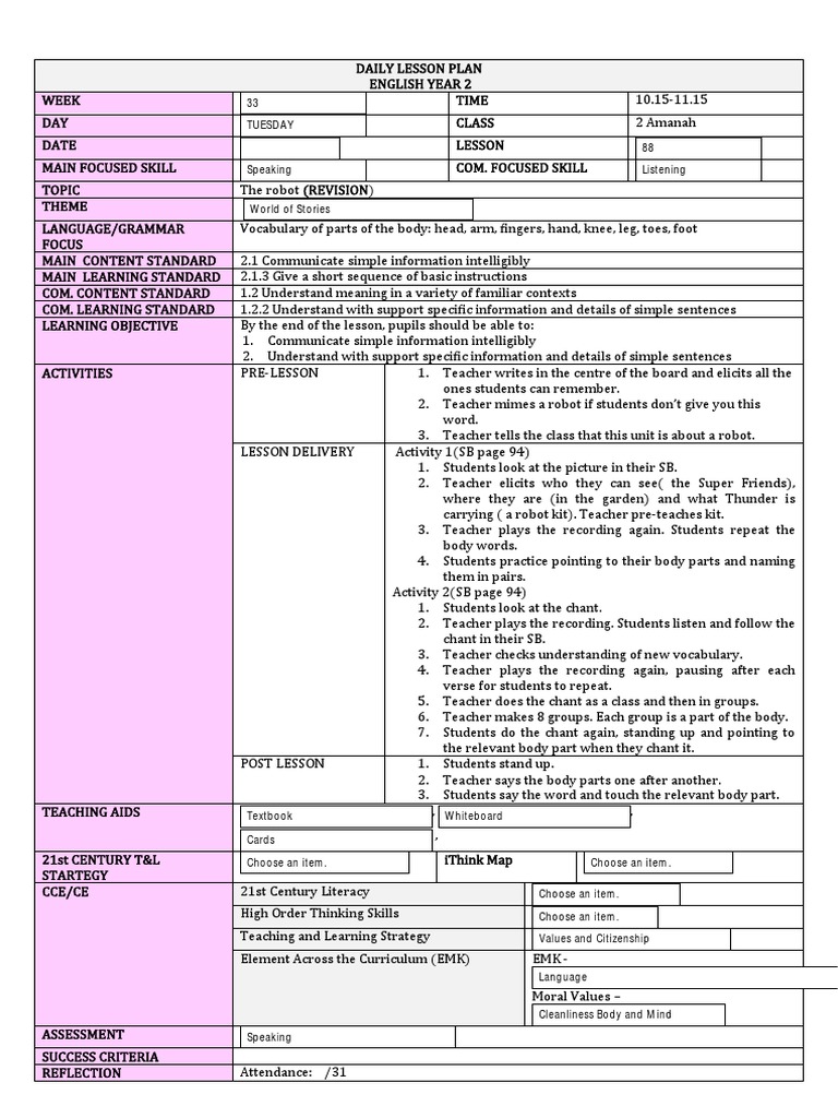 Year 2 English Lesson Plan: The Robot | PDF | Lesson Plan | Teachers