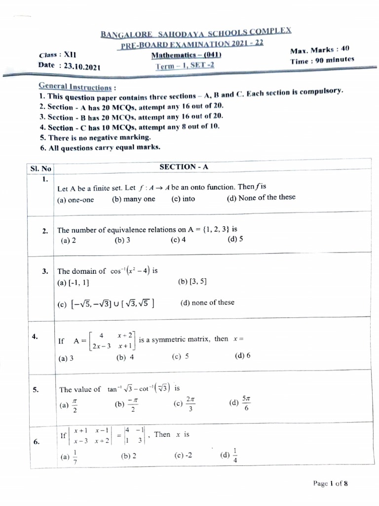 Class XII Math Pre-Board Exam | PDF | Theoretical Physics | Algebra