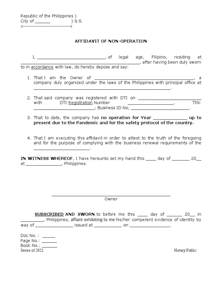 Affidavit of No Operation For Sole Proprietorship in City Level | PDF ...