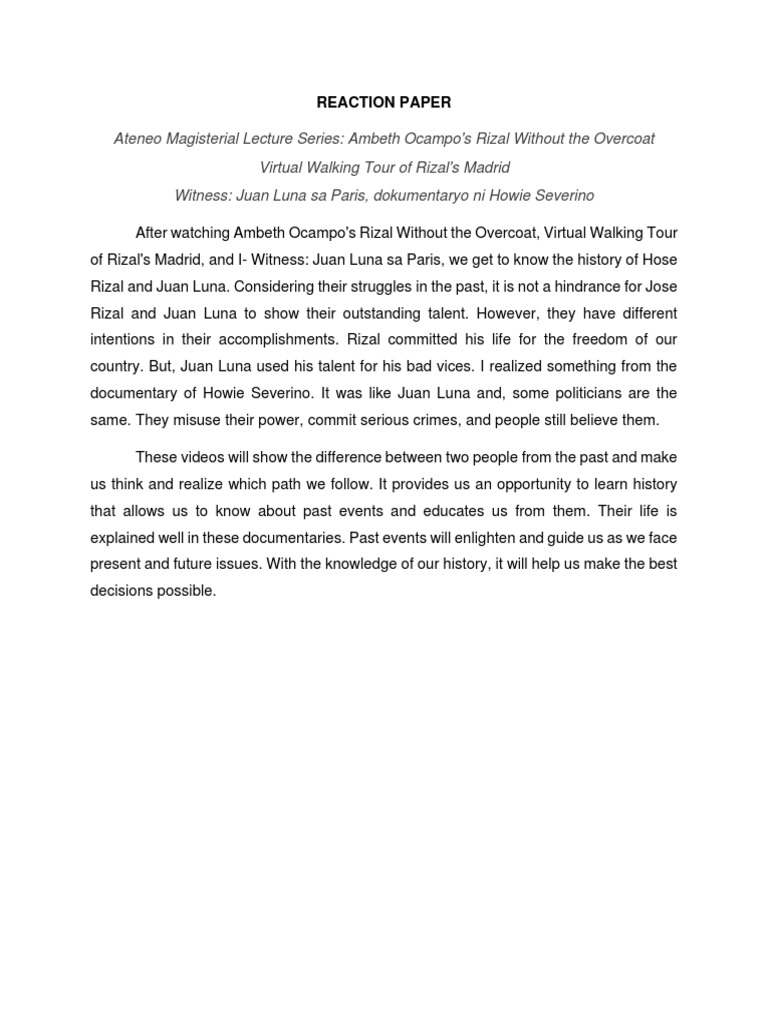 Reaction Paper For Video Documentary of Jose Rizal and Juan Luna | PDF