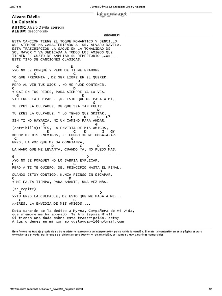 Alvaro Dávila, La Culpable - Letra y Acordes | PDF | Música grabada ...