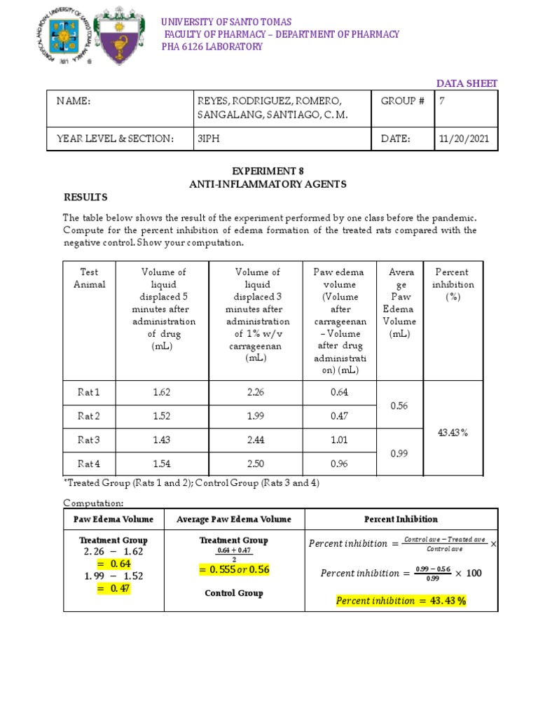 Experiment 8 Analgesic and Anti-Inflammatory Worksheet | PDF ...