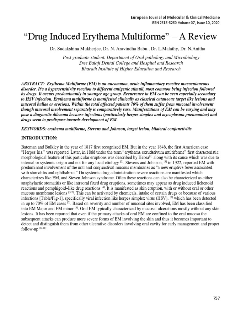 "Drug Induced Erythema Multiforme" - A Review | PDF | Herpes Simplex ...