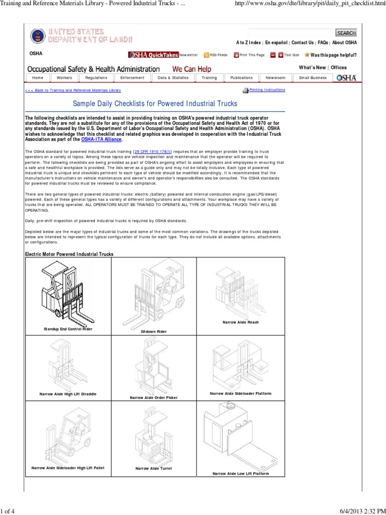 Sample Daily Checklists For Powered Industrial Trucks: OSHA-ITA ...
