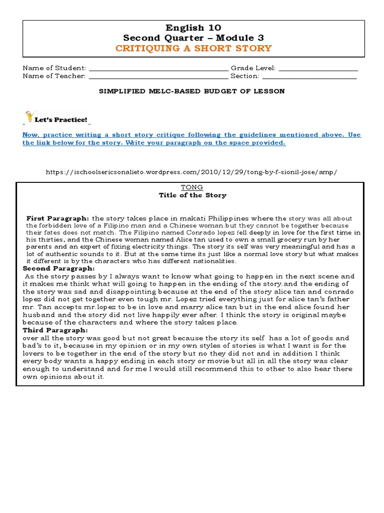 Critiquing A Short Story: English 10 Second Quarter - Module 3 | PDF