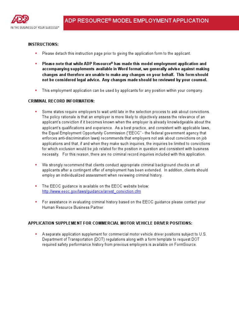 Adp Resource Model Employment Application | PDF | Criminal Record ...