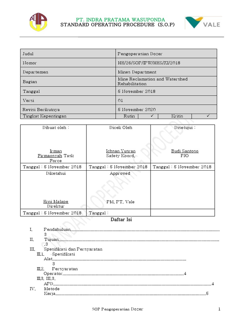 SOP Pengoperasian Dozer dan SIO | PDF