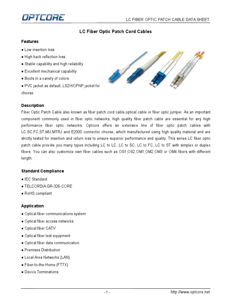 LC Fiber Optic Patch Cord Cable Data Sheet V160609 | PDF ...