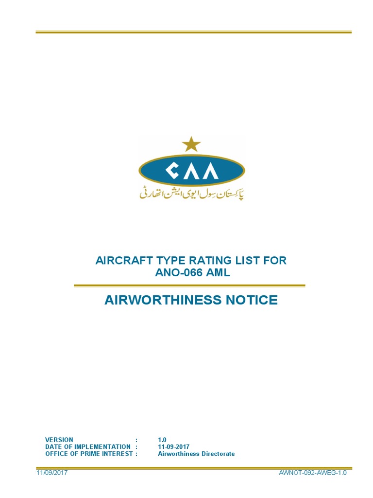 Airworthiness Notice: Aircraft Type Rating List For ANO-066 AML | PDF ...
