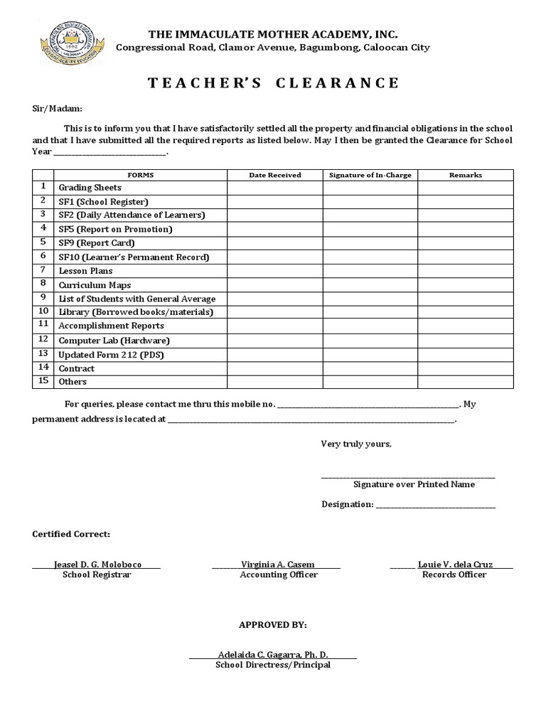 Teacher'S Clearance: The Immaculate Mother Academy, Inc | PDF