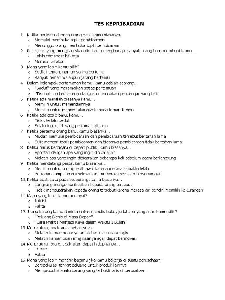 Contoh Soal Tes Kepribadian MBTI | PDF