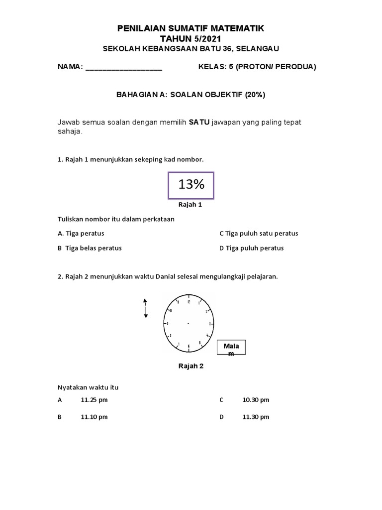 PENILAIAN SUMATIF MATEMATIK Tahun Kertas 1 | PDF