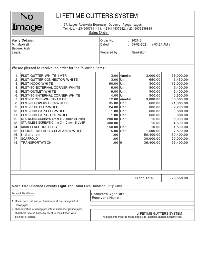 Sales Order for Gutter Installation Materials and Services from ...