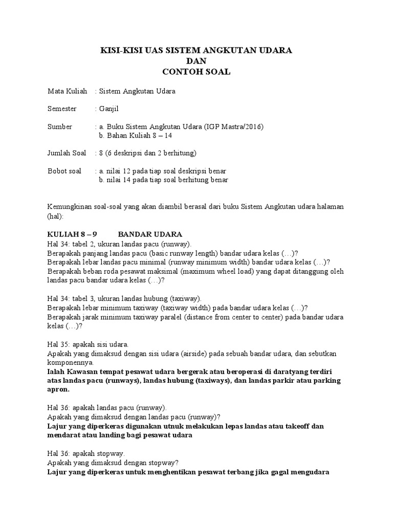 Kisi Kisi Uas Sistem Angkutan Udara Dan Contoh Soal Jawaban Pdf