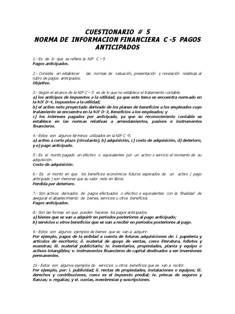 Cuestionario NIF C-5 | PDF | Contabilidad | Seguro