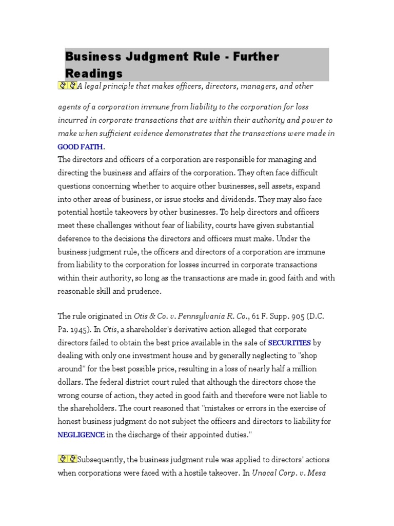 Business Judgment Rule | PDF | Corporations | Takeover