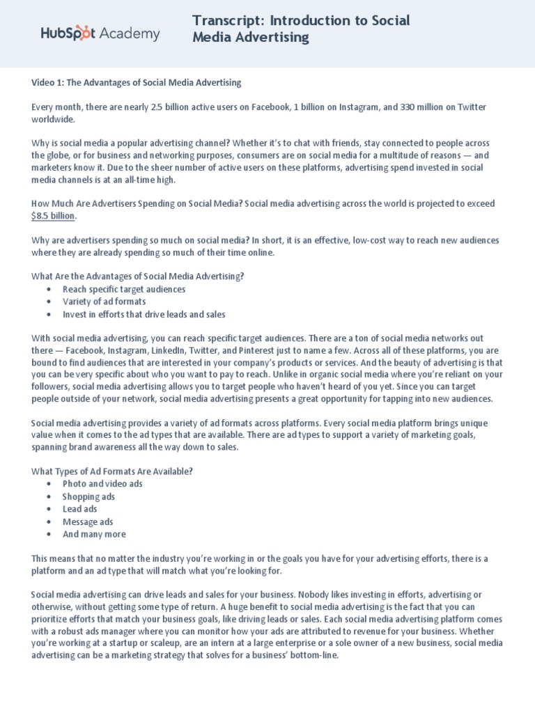 Introduction To Social Media Advertising - Transcript | PDF ...