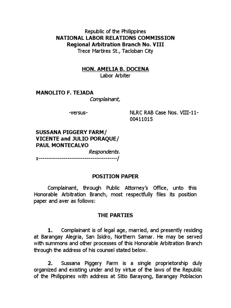 Position Paper - Complainant | PDF | Damages | Affidavit