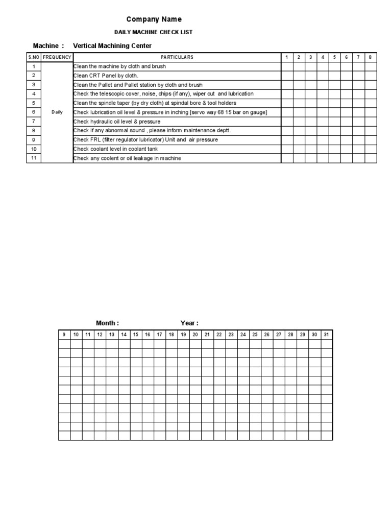 Daily Machine Check List - Vertical Machieing Center | PDF | Computers ...