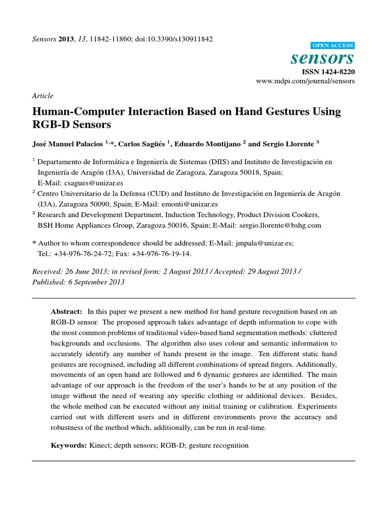 Sensors: Human-Computer Interaction Based On Hand Gestures Using RGB-D ...