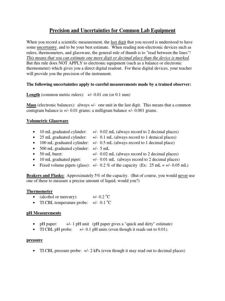 Precision and Uncertainties For Common Lab Equipment Lab 1 | PDF ...