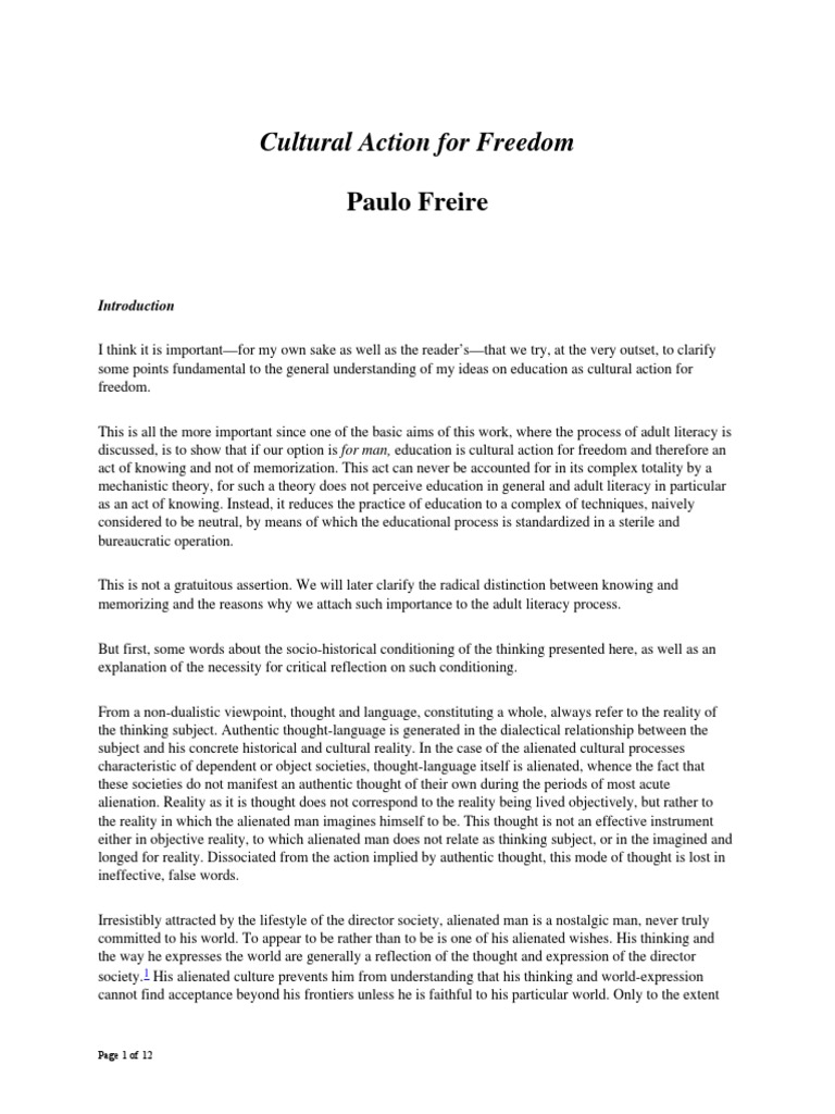 Freire - Cultural Action For Freedom | PDF | Literacy | Knowledge