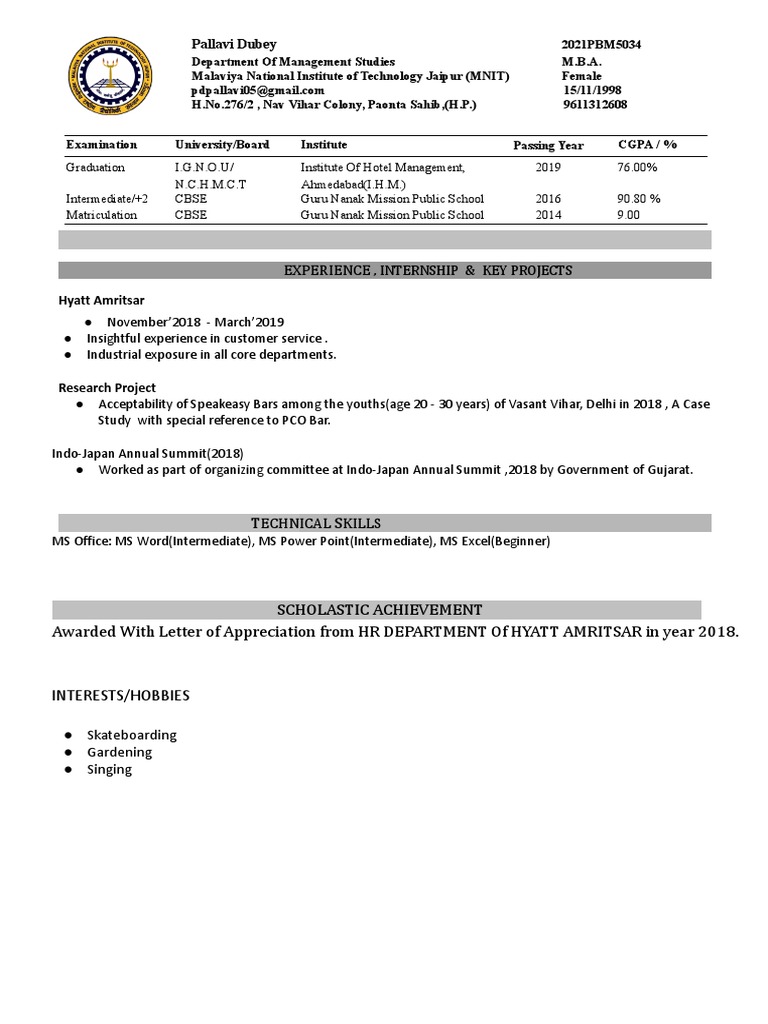 MNIT Resume Format | PDF